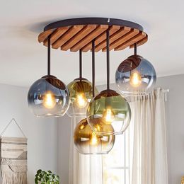 hofstein Boho Style Kugel-Deckenleuchte Koyoto mit runder Holzlamellenplatte und 5 Glasschirmen F&uuml;r den Esstisch, Glas in Blau, Gr&uuml;n, Gold und Klar, E14