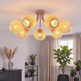 hofstein Boho-Cluster-Deckenleuchte Basto mit 7 kugelf&ouml;rmigen naturfarbenen Bambusschirmen Aus Metall in Sandfarben, E14, &oslash; 70,5 cm, Lichteffekt an der Decke