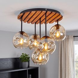 hofstein Boho Kugel-Deckenleuchte Ripoll mit Holzlamellenplatte, 5 bernsteinfarbenen Glasschirmen Aus Metall und Tannenholz, &oslash; 48 cm, E14, f&uuml;r den Esstisch