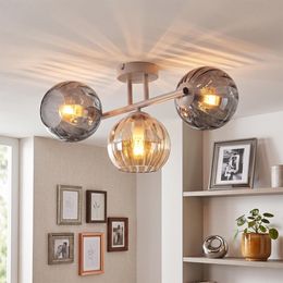 hofstein Kugel-Deckenleuchte Koyoto, drei geriffelte Glasschirme in Rauch und Bernstein Modernes Metallgestell in Sandfarben, E14-Fassung, 25 Watt