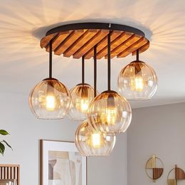 hofstein Boho-Deckenleuchte Koyoto mit Holzlamellen-Abdeckung, 5 Glasschirmen in Klar, Bernstein Aus Metall, &oslash; 48 cm, E14, 25 Watt, Lichteffekt an der Decke