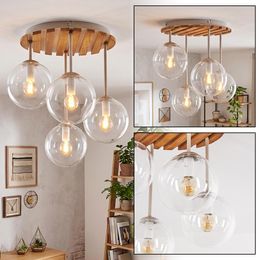 hofstein Boho Cluster-Deckenleuchte Gastor mit naturfarbenen Holzlamellen und 4 klaren Glaskugeln Metallgestell, Gesamtdurchmesser &oslash; 39,5 cm, E14, 25 Watt