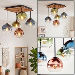 hofstein Boho-Cluster-Deckenleuchte Koyoto mit 5 bunten Glasschirmen in Kupferfarben Quadratische Holzlamellen-Abdeckung, in Blau, Gr&uuml;n und Klar, &oslash; 15 cm, E14