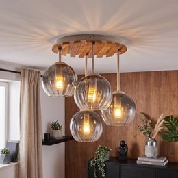Boho-Kugel-Deckenleuchte Koyoto mit 4 Rauchglas- und Klarglasschirmen als Cluster Metall und Holz, Holzlamellen-Abdeckung in Naturfarben, Lichteffekt