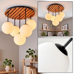 hofstein Skandinavische Cluster-Deckenleuchte Gastor mit f&uuml;nf wei&szlig;en Glasschirmen Holzlamellenplatte in Naturfarben, Gestell aus Metall, &oslash; 48 cm, E14, 25 Watt