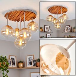hofstein Boho Cluster-Deckenleuchte Gastor mit naturfarbener Holzlamellenplatte Mit 5 klaren Glasschirmen, Metall-Deckenplatte, &oslash; 48 cm, E14, 25 Watt