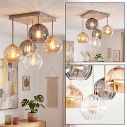hofstein Moderne Cluster-Deckenleuchte Koyoto mit 5 Kugelschirmen in Klar, Rauch und Bernstein Metallgestell in Sand, &oslash; 15 cm, E14, Lichteffekt an der Decke