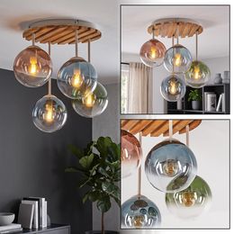Boho Cluster-Deckenleuchte Gastor mit 4 blauen Glasschirmen &oslash; 15 cm, E14 Holzlamellen in Naturfarben, Deckenplatte &oslash; 39,5 cm, Metallgestell