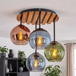 hofstein Boho-Cluster-Deckenleuchte Koyoto mit bunten Glasschirmen in Blau, Gr&uuml;n und Kupferfarben Holzlamellen-Abdeckung in Naturfarben, runder Rahmen, E14