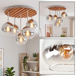 Cluster-Deckenleuchte Koyoto mit 5 Glasschirmen in Klar und Rauchfarben Aus Metall mit naturfarbenen Holzlamellen, Gesamtdurchmesser 48 cm, E14