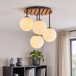 Cluster-Deckenleuchte Gastor mit 4 wei&szlig;en Glaskugeln und Boho-Holzlamellen Aus Metall, Schirm &oslash; 15 cm, Gesamtdurchmesser &oslash; 39,5 cm, E14, 25 Watt