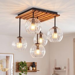 hofstein Boho-Cluster-Deckenleuchte Koyoto mit f&uuml;nf klaren Riffelglasschirmen Naturfarbene Holzlamellenplatte, schwarzer Rahmen, &oslash; 15 cm, E14, 25 Watt