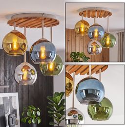 hofstein Cluster-Deckenleuchte Koyoto mit 4 bunten Glaskugeln, Holzlamellen in Naturfarben Deckenplatte &oslash; 39,5 cm, aus Metall, im Boho Style, 25 Watt, E14