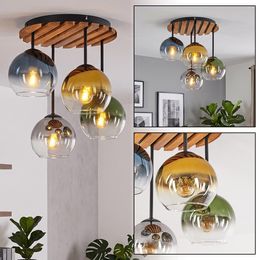 Naturfarbene Boho Kugel-Deckenleuchte Koyoto mit Holzlamellen-Abdeckung und 4 Glasschirmen Aus Metall, Glas in Rauch, Blau, Gr&uuml;n, Gold und Klar, E14