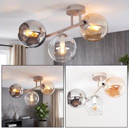 hofstein Kugel-Deckenleuchte Koyoto mit dreifacher Anordnung am Metallgestell Glasschirme in Chrom, Rauch, Bernstein und Klar, E14, Gestell in Sandfarben