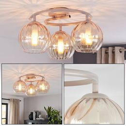 hofstein Retro-Cluster-Deckenleuchte Koyoto mit drei Riffelglas-Schirmen in Bernstein und Klar Aus Metall in Sandfarben, E14, Lichteffekt an der Decke