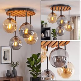 Cluster-Deckenleuchte Gastor mit 4 Glasschirmen in Rauchfarben und Bernsteinfarben &oslash; 15 cm Holzlamellenplatte in Naturfarben, Metall, Boho-Stil, E14