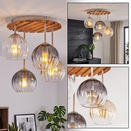 Boho-Cluster-Deckenleuchte Koyoto mit Holzlamellen-Abdeckung und 4 Flammen Aus Metall, Riffelglas-Schirme in Klar, Bernstein und Rauch, E14