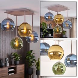 Moderne Kugel-Deckenleuchte Koyoto mit 4 Glasschirmen &oslash; 15 cm in Blau, Gr&uuml;n und Gold Aus Metall, Gestell in Sandfarben, &oslash; 35,5 cm gesamt, E14, 25 Watt