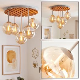 hofstein Cluster-Deckenleuchte Gastor mit 5 bernsteinfarbenen Glasschirmen, Holzplatte in Naturfarben Aus Metall im Boho Style, Durchmesser 48 cm, E14
