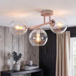 Moderne Cluster-Deckenleuchte Koyoto mit drei runden klaren Glasschirmen Metallgestell in Sandfarben, E14-Fassungen, &oslash; 15 cm, extern dimmbar