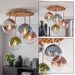 Cluster-Deckenleuchte Gastor mit Boho-naturfarbenen Holzlamellen und 4 bunten Glaskugeln Aus Metall, &oslash; 15 cm, Gesamtdurchmesser 39,5 cm, E14, 25 Watt