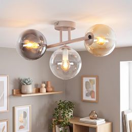 hofstein Moderne Kugel-Deckenleuchte Gastor mit drei Glasschirmen in Bernstein, Rauch und Klar Metallgestell in Sandfarben, &oslash; 15 cm, E14, 25 Watt