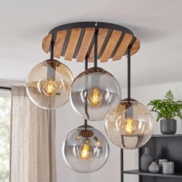 hofstein Naturfarbene Boho-Cluster-Deckenleuchte Gastor mit 4 Glasschirmkugeln Holzlamellen-Abdeckung, Glas in Klar, Rauch und Bernstein, &oslash; 15 cm