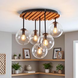 hofstein Boho-Cluster-Deckenleuchte Gastor mit klaren Glasschirmen und naturfarbener Holzplatte Aus Metall, 5-flammig, &oslash; 48 cm, runde Deckenplatte, E14