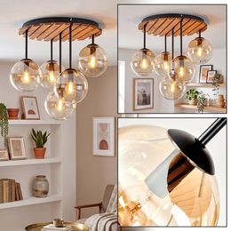 Holzlamellen-Deckenleuchte Gastor mit 5 kugelf&ouml;rmigen Glasschirmen in Klar und Bernstein Aus Metall, &oslash; 48 cm, E14, 25 Watt, Boho-Stil, runde Bauform