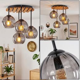 Boho Style Kugel-Deckenleuchte Koyoto mit Holzlamellen-Abdeckung und Rauchglasschirmen Abdeckung in Naturfarben, &oslash; 39,5 cm, E14, Lichteffekt der Decke