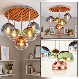 Boho-Cluster-Deckenleuchte Koyoto mit 5 bunten Glasschirmen f&uuml;r den Esstisch Mit naturfarbener Holzlamellenplatte aus Metall, E14, 25 Watt