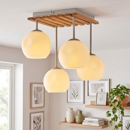 hofstein Kugel-Deckenleuchte Ripoll mit 4 wei&szlig;en Glasschirmen an Holzlamellenplatte in Naturfarben Aus Metall, &oslash; 33,5 cm, E14-Fassung, im skandinavischen 