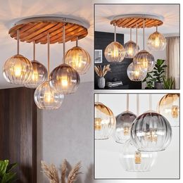Boho Cluster-Deckenleuchte Koyoto mit 5 Riffelglas-Schirmen in Rauch, Bernstein und Klar Holzlamellenplatte in Naturfarben, Lichteffekt an der Decke