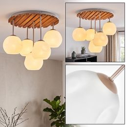 hofstein Boho Cluster-Deckenleuchte Ripoll mit f&uuml;nf wei&szlig;en Glaskugeln und Holzlamellen Holzlamellen in Naturfarben, &oslash; 48 cm, Schirm &oslash; 15 cm, E14