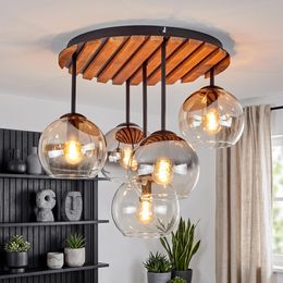 hofstein Deckenleuchte Koyoto mit Holzlamellenplatte und 5 Glasschirmen in Klar, Bernstein, Rauch Holzlamellenplatte in Naturfarben, &oslash; 48 cm, E14, 25 Watt