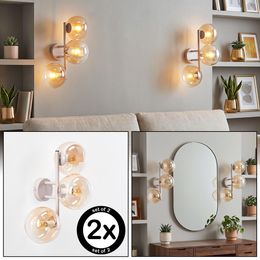 hofstein Moderne Wandleuchte Gastor im 2er-Set mit drei Kugel-Glasschirmen in Bernstein und Klar Metall in Sandfarben, neben dem Spiegel, &oslash; 15 cm, E14