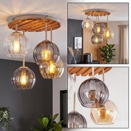 hofstein Naturfarbene Holz-Deckenleuchte Koyoto mit 4 Glasschirmen in Klar, Rauch und Bernstein Lamellenplatte im Boho Style, Metall, &oslash; 39,5 cm, E14