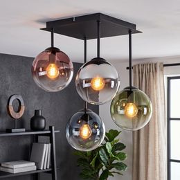 Moderne Cluster-Deckenleuchte Gastor mit 4 bunten Glasschirmen, E14, &oslash; 15 cm Metallgestell, Kugeln in Blau, Gr&uuml;n, Chrom, Rauchfarben und Klar