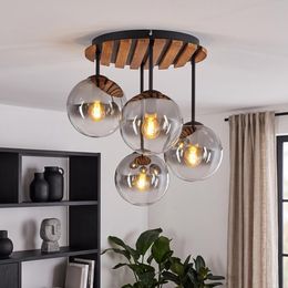 hofstein Cluster-Deckenleuchte Gastor im Boho Style, 4 Rauch- und Klarglasschirme Metallgestell mit naturfarbener Holzlamellenplatte, &oslash; 39,5 cm, E14
