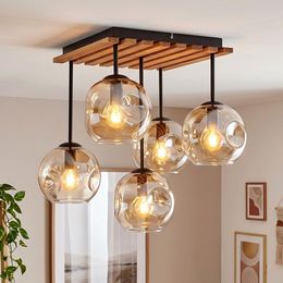 hofstein Cluster-Deckenleuchte Ripoll mit 5 bernsteinfarbenen Glaskugeln f&uuml;r den Esstisch Metallgestell in Schwarz im Boho Style, E14, &oslash; 15 cm, 25 Watt
