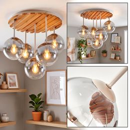 hofstein Naturfarbene Cluster-Deckenleuchte Gastor mit runden Holzlamellen und 5 klaren Glaskugeln Metall-Deckenrosette im Boho Style, &oslash; 48 cm, E14-Fassung