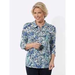 WITT Damen Poloshirt mit Glitzersteinchen, salbei-jeansblau-bedruckt, Gr&ouml;&szlig;e 40