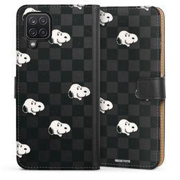 Galaxy A12 Handy Klapph&uuml;lle Handyh&uuml;lle aus Kunst Leder schwarz Flip Case Muster Official Licensed Product Peanuts Sideflip mit langer Lasche