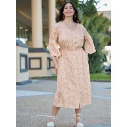 sheego Damen Sommerkleid mit Volant&auml;rmeln, elfenbein-rosenquarz-bedruckt, Gr&ouml;&szlig;e 44