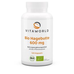 vitaworld Hagebutte 600 mg Bio | 120 Kapseln | Premium Hagebuttenpulver | original Rosa Canina aus Chile | vegan