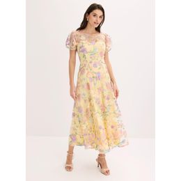 bonprix Spitzenkleid mit floraler Stickerei, gelb, Gr.50, Traumhaftes Midikleid mit ausgestelltem Rock und floraler Stickerei
