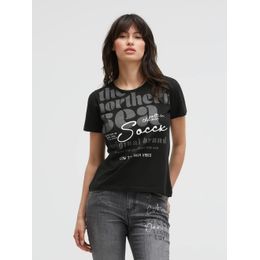 SOCCX Damen Rundhalsshirt, schwarz, Gr. XS, bedruckt, Single Jersey, Material: 95% Baumwolle, 5% Elasthan, Shirts, mit Necktape