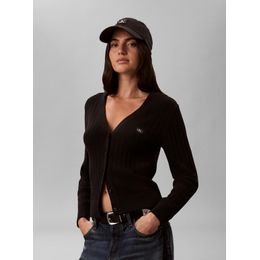 Damen V-Ausschnitt-Pullover "WOVEN LABEL CARDIGAN", schwarz, Gr. XS, Calvin Klein Jeans, unifarben, Web, Obermaterial: 100% Baumwolle, Pullover,