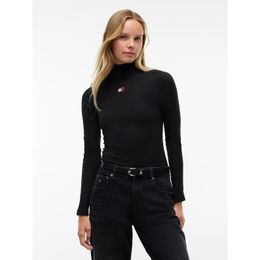 Tommy Jeans Damen Langarmshirt &raquo;TJW SLIM RIB LS MOCK BADGE TOP&laquo; Baumwollmischung, slim fit, figurbetont, in gerippter Struktur schwarz XS (34)